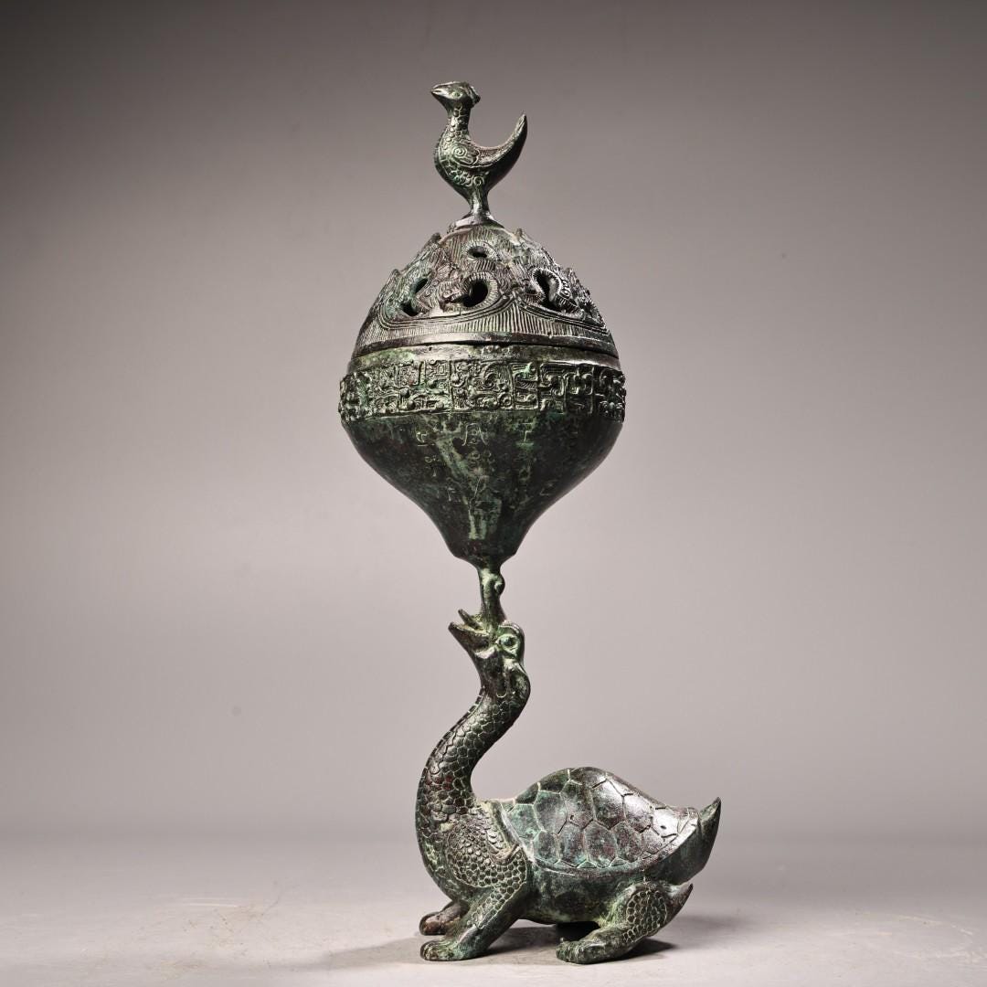 Chinese Antique Handmade Carved Bronze Exquisite Turtle Crane Statue ...