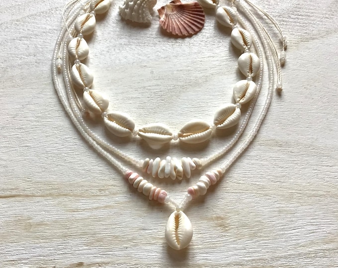 Glass Beads & Cowrie Shells and Puka Shell Beads Necklace, Shell Choker ...