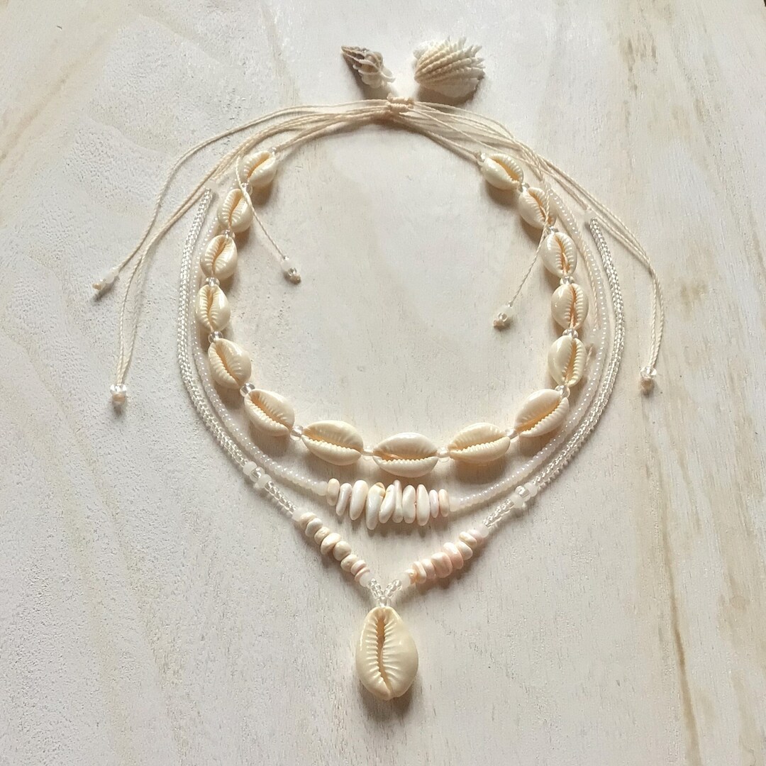 Glass Beads & Cowrie Shells and Puka Shell Beads Necklace, Shell Choker ...
