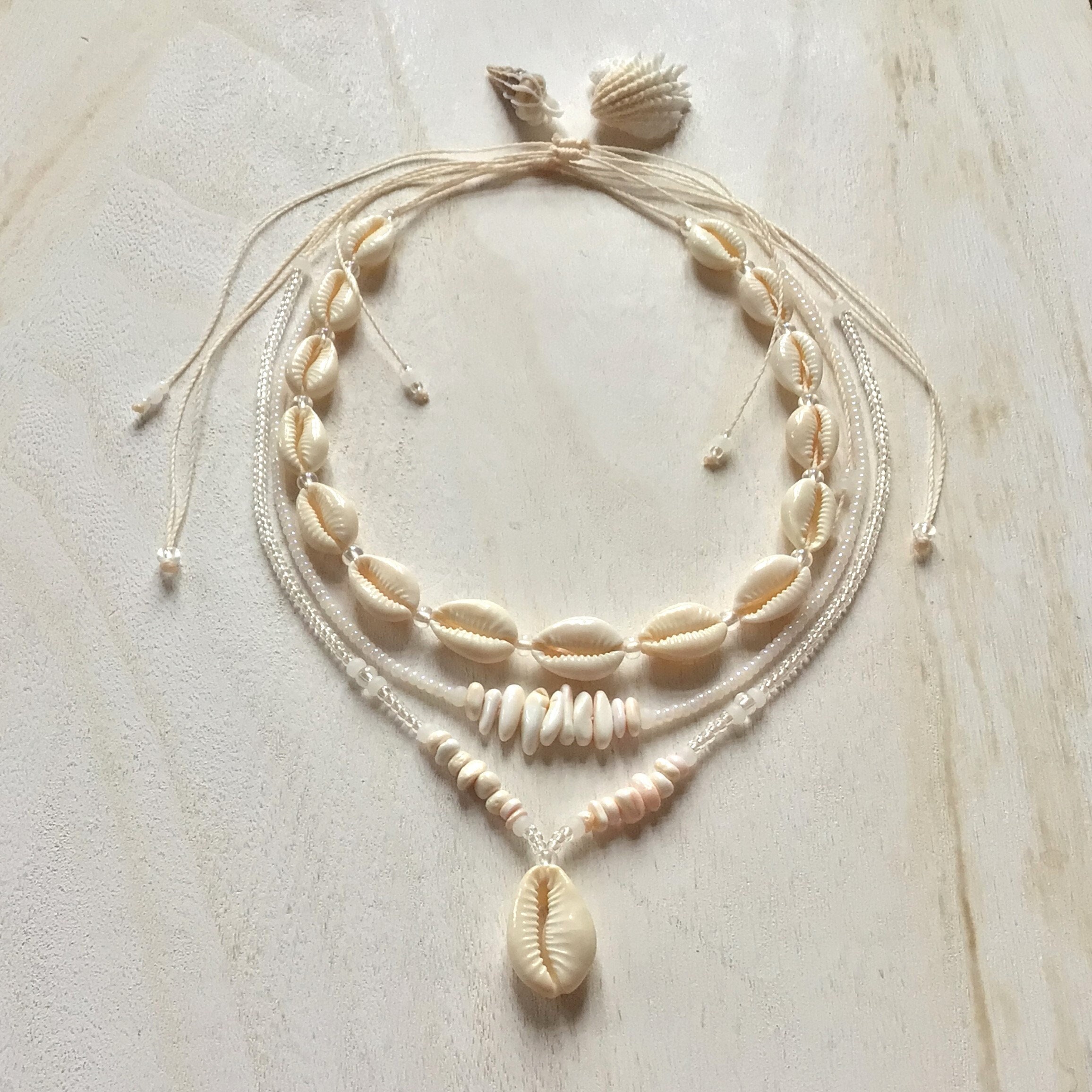 Glass Beads & Cowrie Shells and Puka Shell Beads Necklace, Shell Choker ...