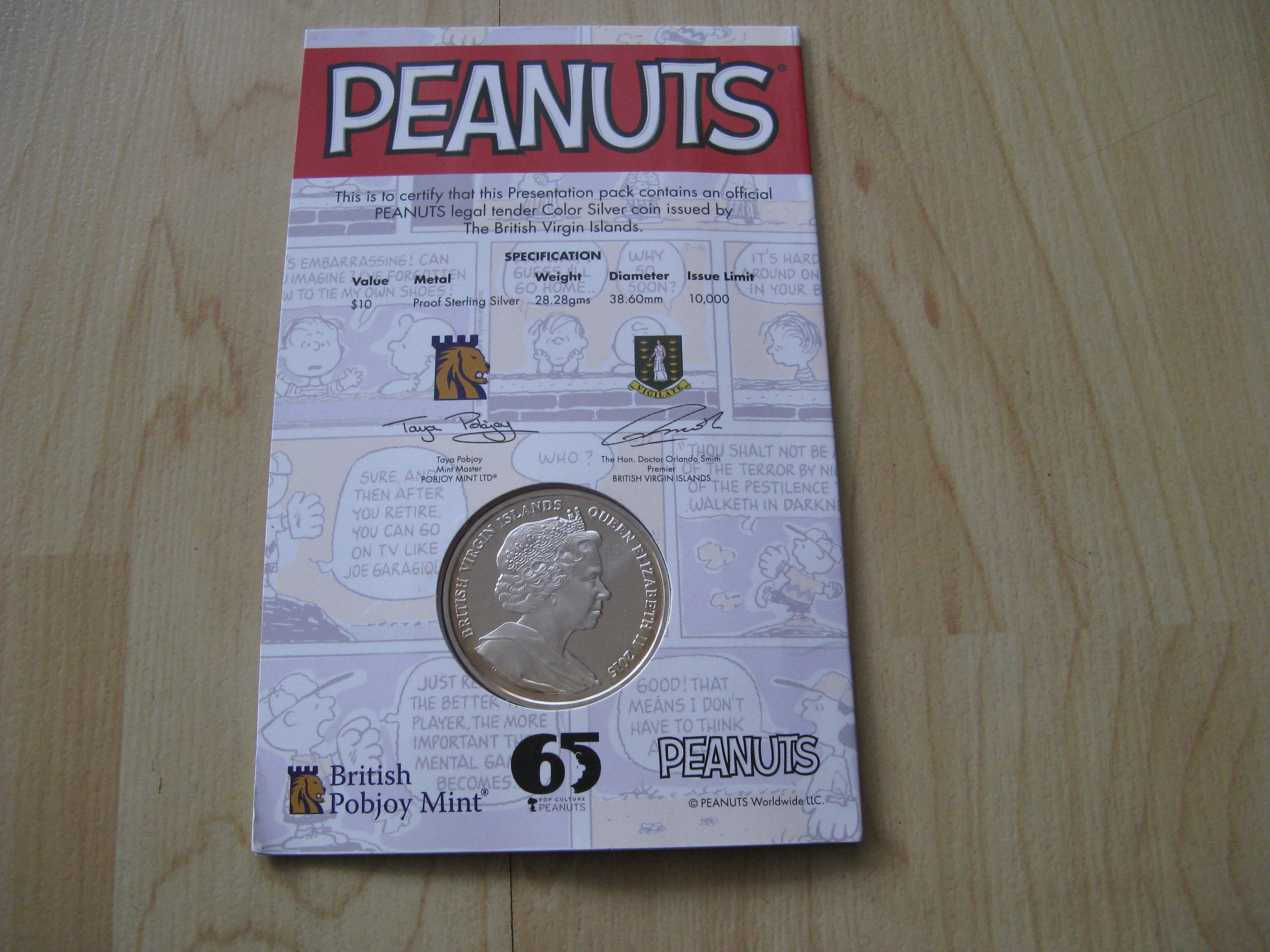 Snoopy Proof STERLING SILVER 10 Dollar Coin 65th Anniversary of Peanuts ...