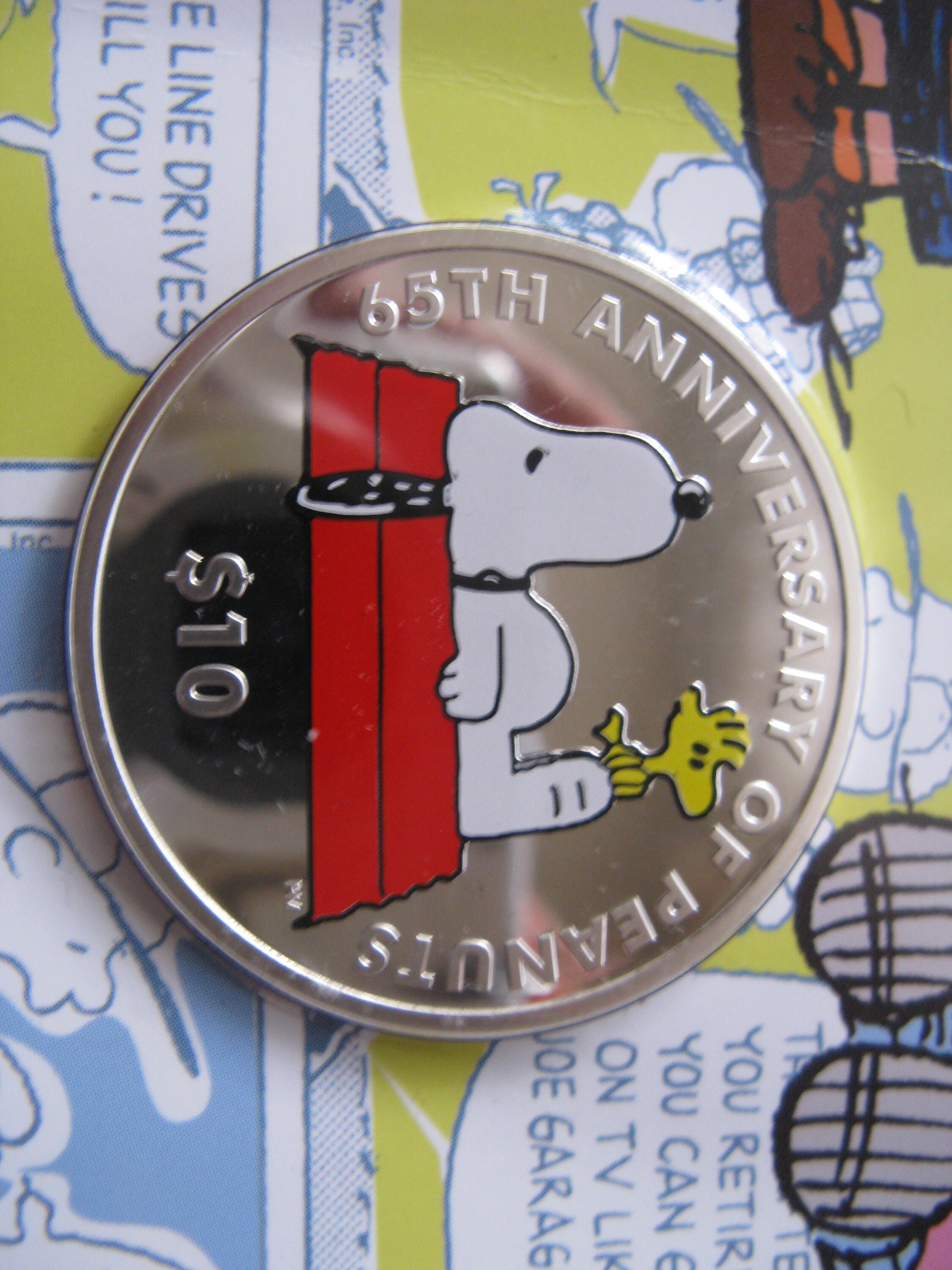 Snoopy Proof STERLING SILVER 10 Dollar Coin 65th Anniversary of Peanuts ...