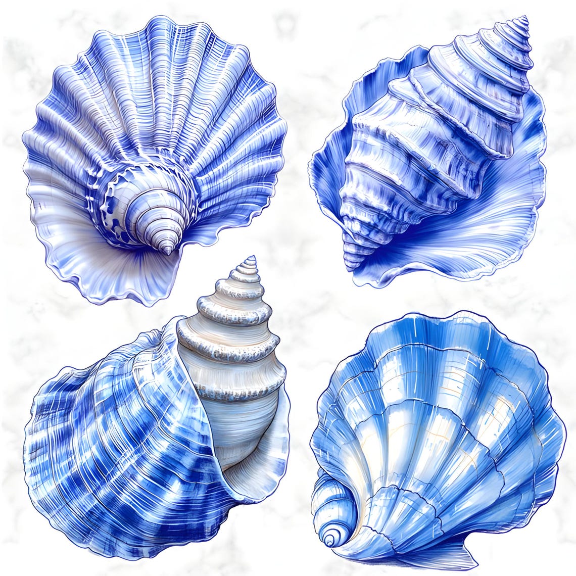 Watercolor Blue Seashell Clipart: Nautical PNG Set (digital Download ...