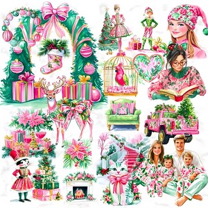 Watercolor Preppy Christmas PNG Bundle, Pink & Green Holiday Watercolor ...