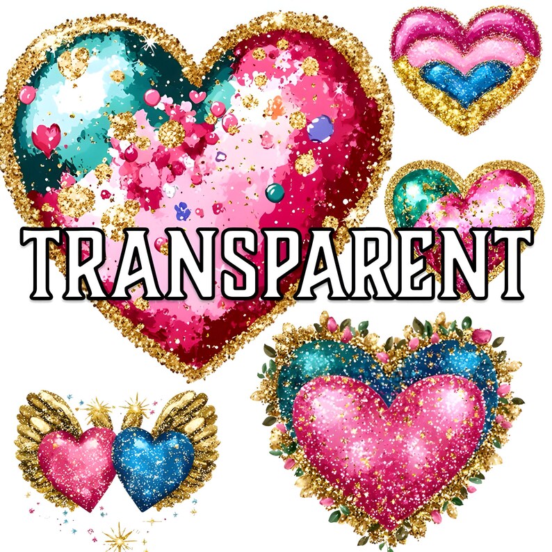 Glitter Hearts Clipart: Pink, Blue & Gold Heart Pngs (commercial Use ...