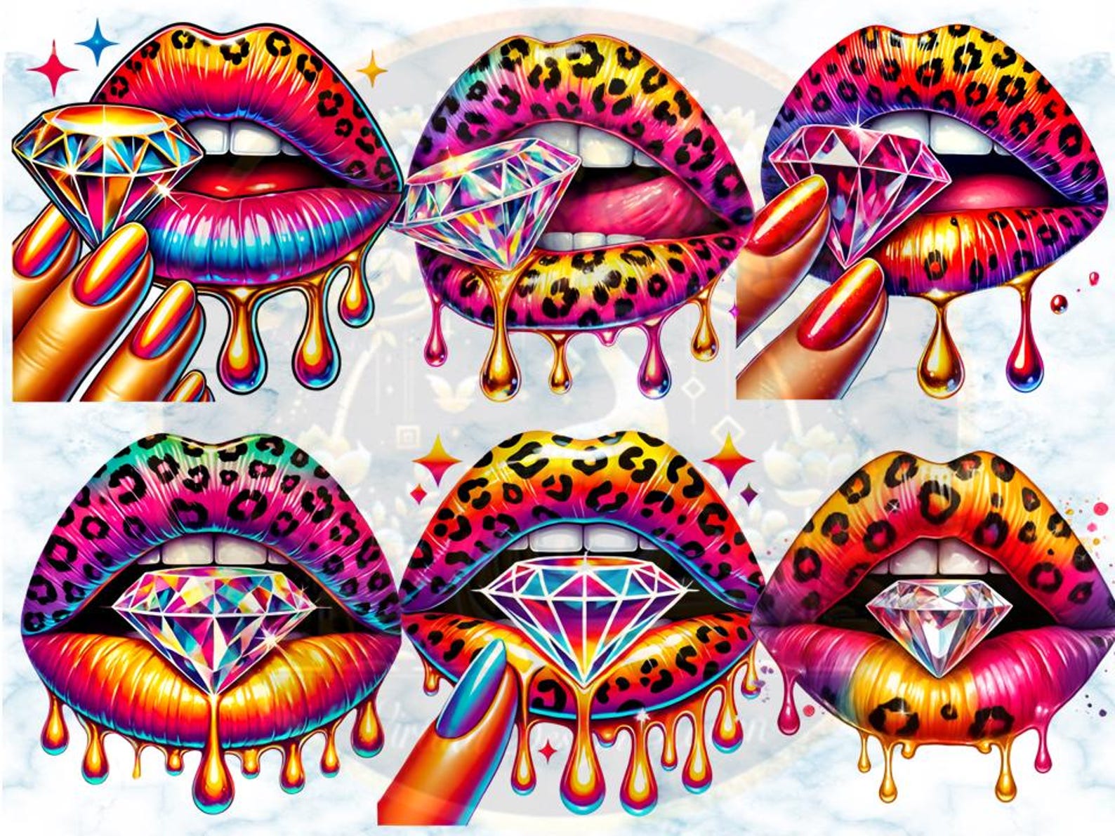 Rainbow Leopard Lips Clipart Bundle | Vibrant Watercolor Dripping Lips ...