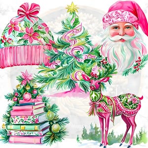 Watercolor Christmas Clipart Bundle: Pink & Green Holiday PNG, JPG ...