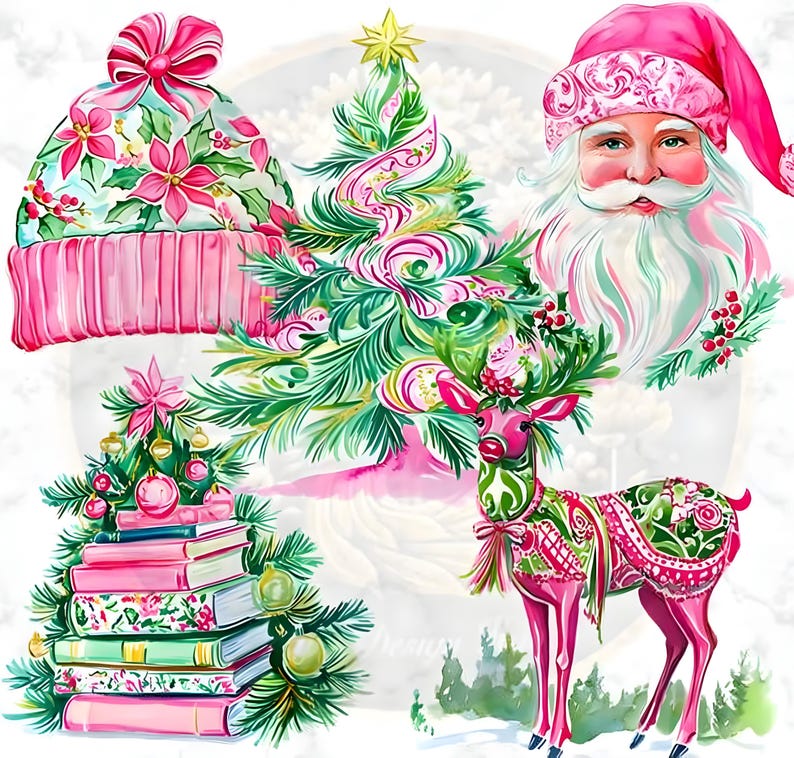 Watercolor Christmas Clipart Bundle: Pink & Green Holiday PNG, JPG ...