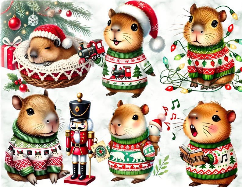 Watercolor Christmas Capybara Clipart: Festive Animal Stickers (digital ...