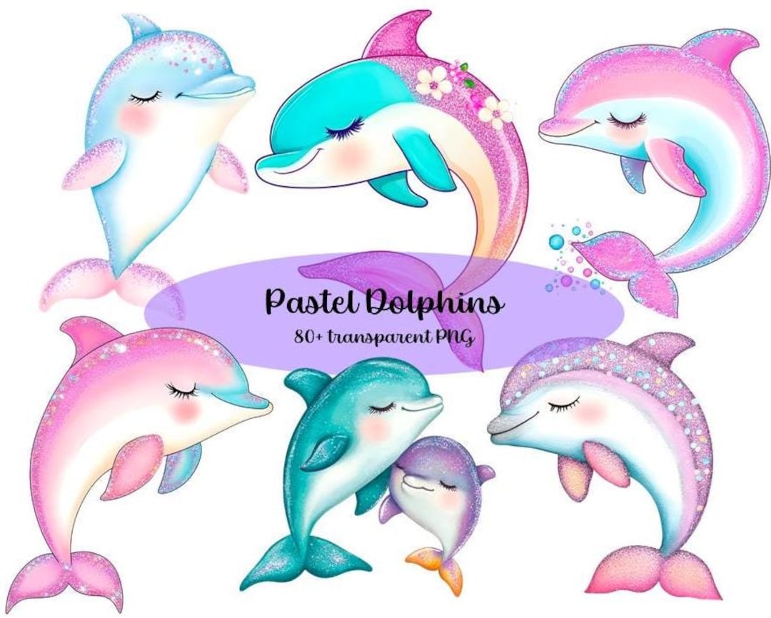 Pastel Watercolor Dolphins Clipart Bundle, 80+ Glitter Dolphin PNG ...