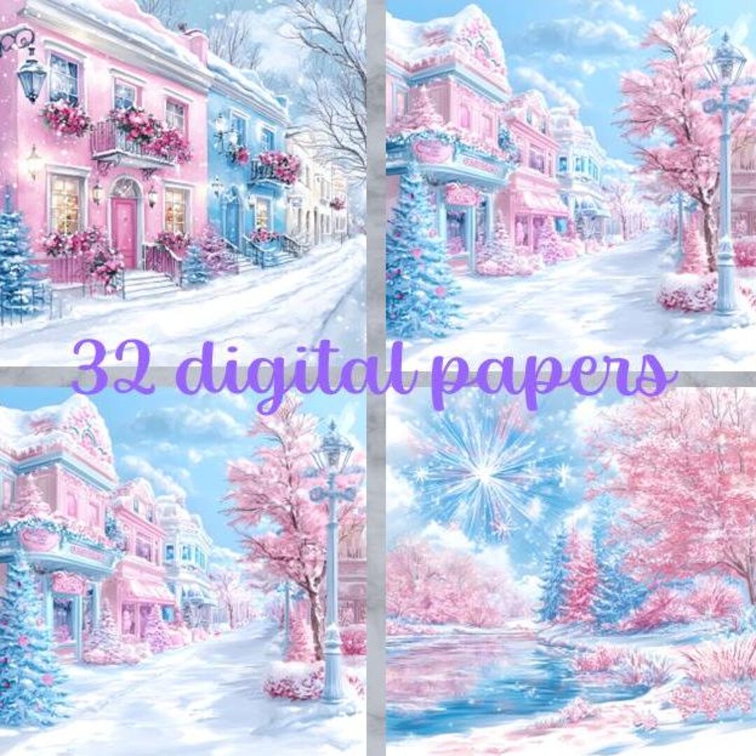 Watercolor Christmas Paper Pack, Magic Winter Clipart, Pink Winter JPG ...