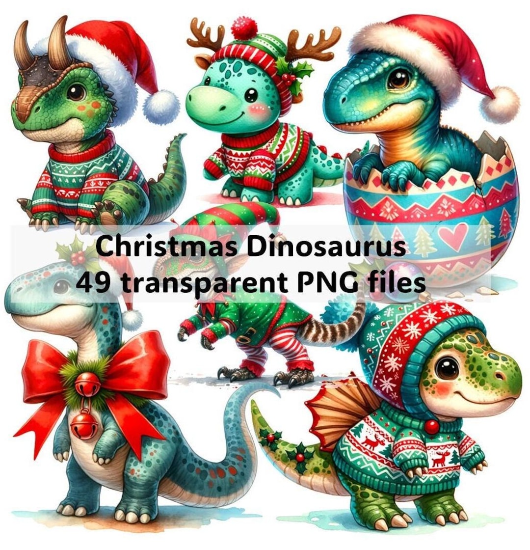 Christmas Dino Clipart Bundle, Watercolor Festive Winter Dinosaur PNG ...