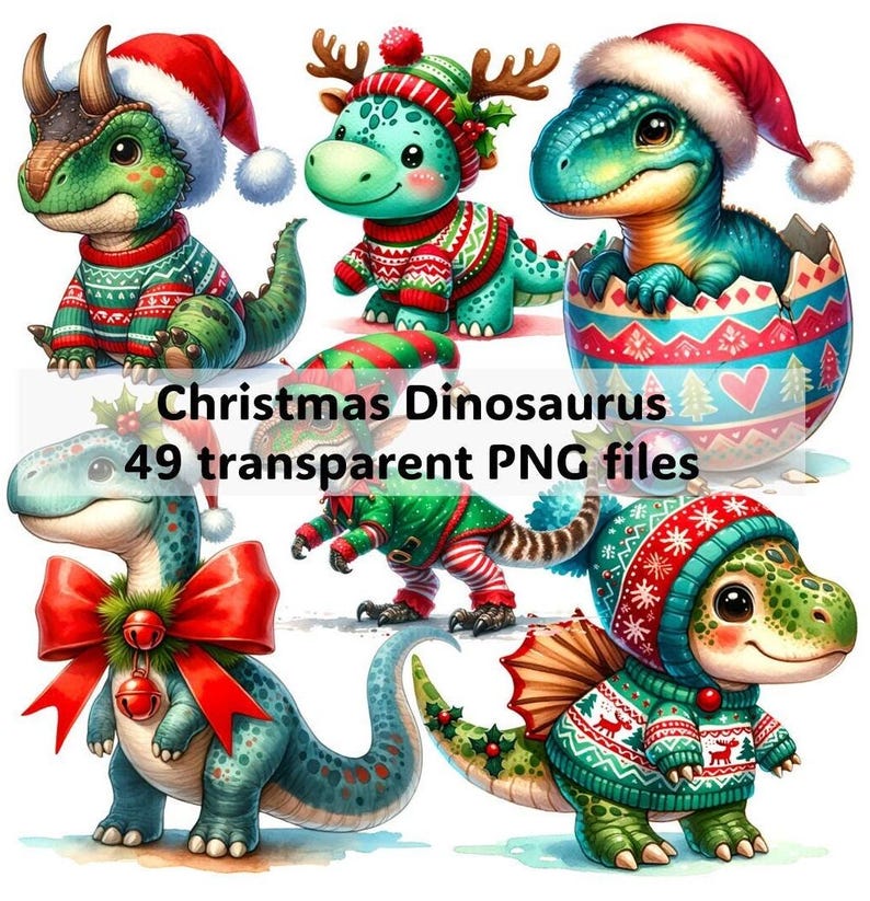 Christmas Dino Clipart Bundle, Watercolor Festive Winter Dinosaur PNG ...