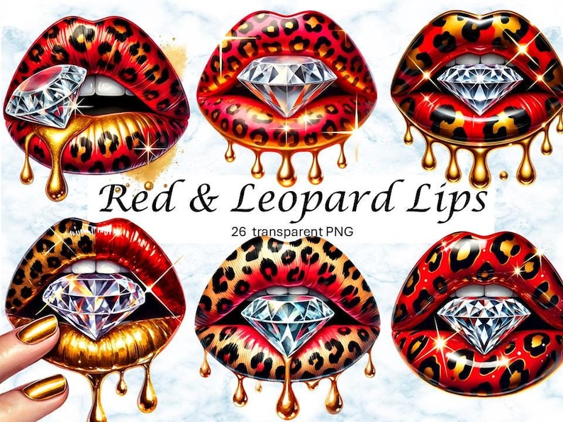 Red Leopard Diamond Lips Clipart Bundle, Dripping Glitter Lips ...