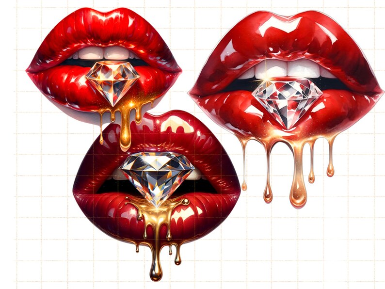Red Lips Diamond Clipart: Watercolor Illustration, Luxe Sticker ...