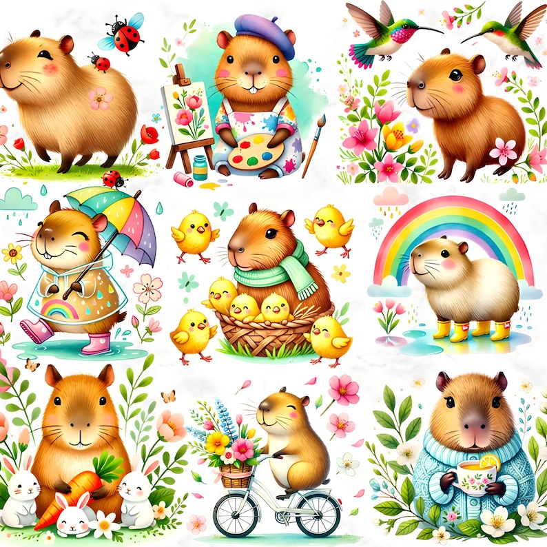 Paquete de imágenes prediseñadas de capibara de primavera: PNG de ...