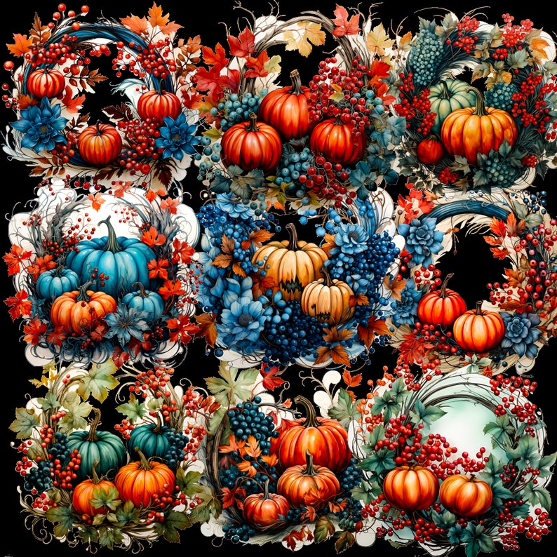 Autumn Harvest Wreath Clipart: Blue Green Orange Fall - Etsy
