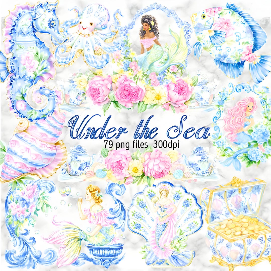 Mermaid Clipart Bundle PNG, 79 Watercolor Under the Sea Graphics With ...