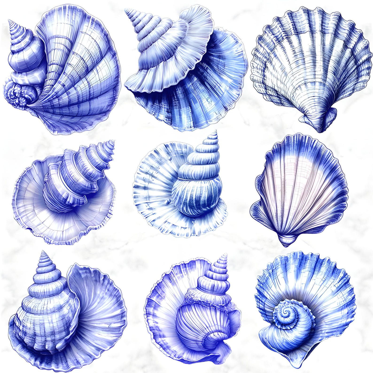 Watercolor Blue Seashell Clipart: Nautical PNG Set (digital Download ...