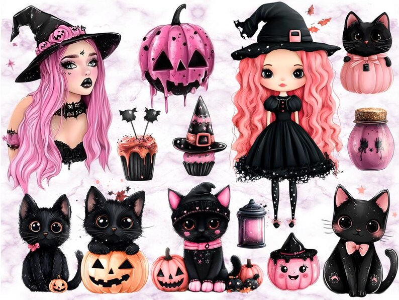 Girly Halloween Clipart Bundle: Pink & Black Spooky Designs (PNG ...