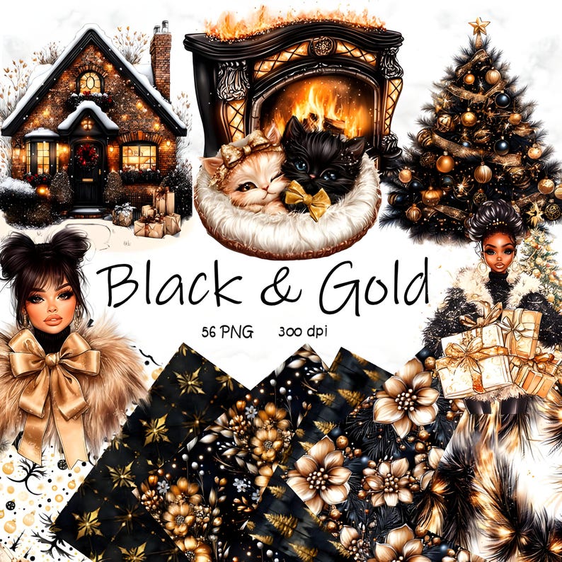 Black and Gold Christmas Clipart: Luxe Holiday PNG Bundle (digital ...
