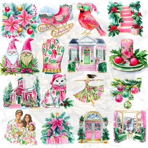 Watercolor Christmas Clipart Bundle: Pink & Green Holiday PNG, JPG ...