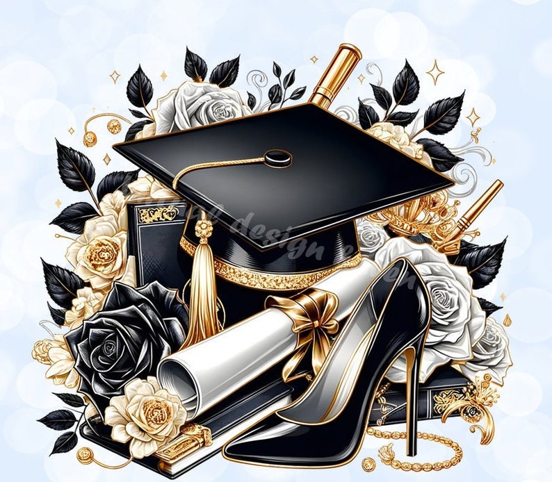 Black Gold Graduation Clipart: Glam High Heels, Diploma (PNG, JPG, PDF ...