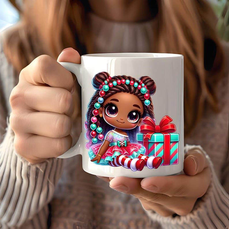 Christmas Black Girl Clipart, Kawaii Holiday PNG Set (digital Download ...