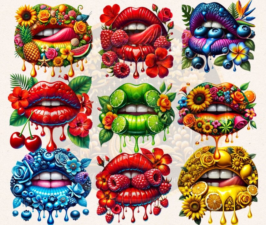 Floral Fruity Lips Clipart: Colorful Lipstick Designs (digital ...