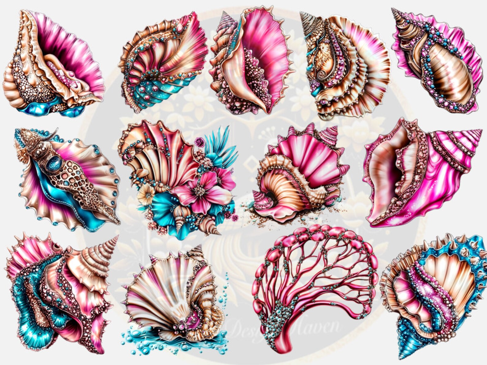 Iridescent Shells Clipart: Blue Pink Sea Life PNG (commercial Use) - Etsy