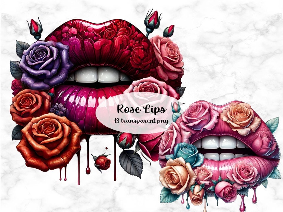 Rose Lips Clipart Bundle, Vibrant Floral Lips, Chic Kiss Lip Digital ...