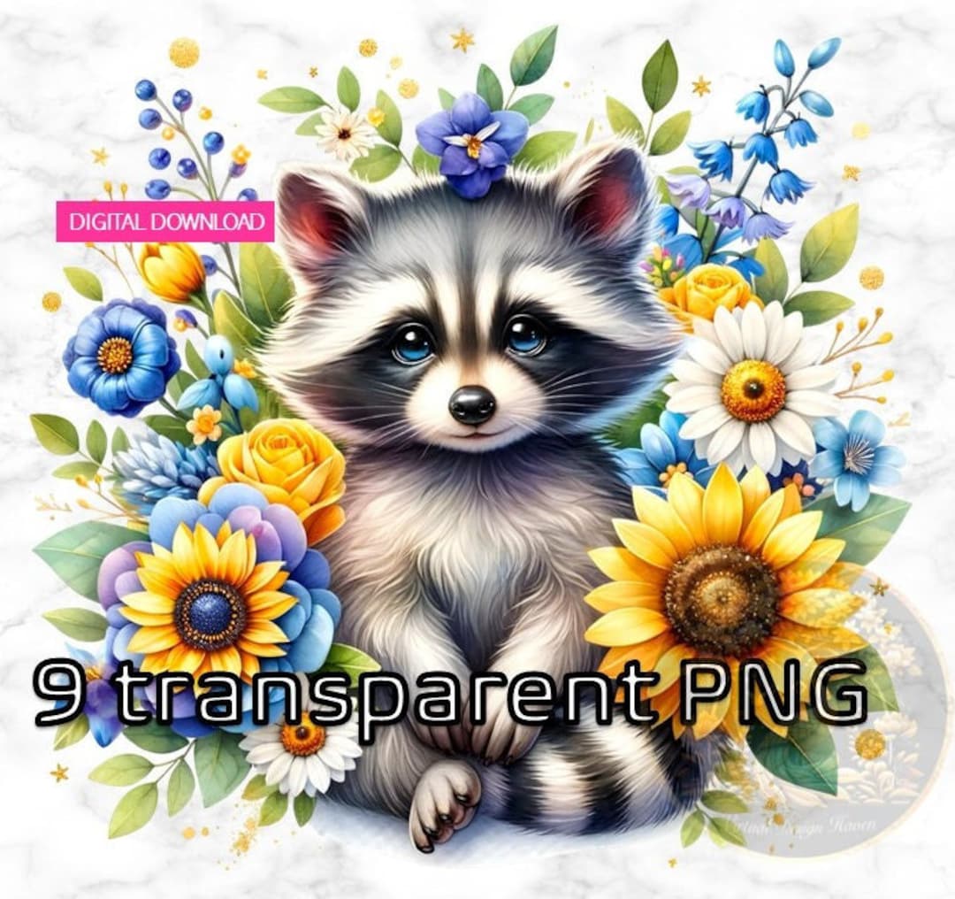 Watercolor Raccoon PNG Clipart: Floral Animal Art (digital Download) - Etsy