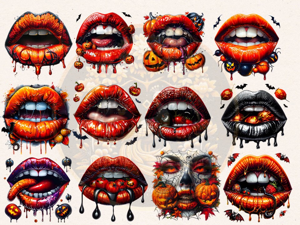 Halloween Lips Clipart: Spooky Spider, Bats & Pumpkin Designs (PNG ...