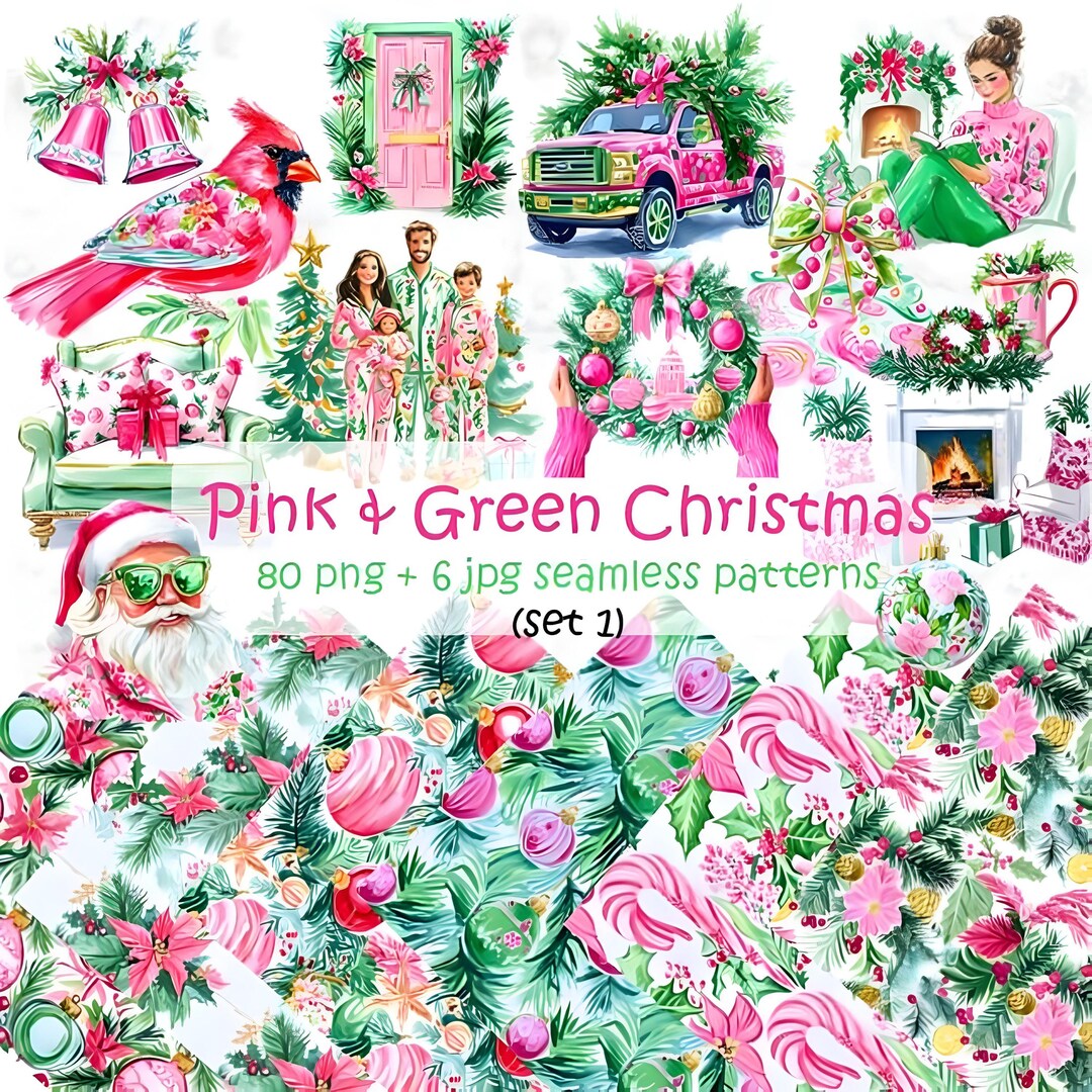 Watercolor Christmas Clipart Bundle: Pink & Green Holiday PNG, JPG ...