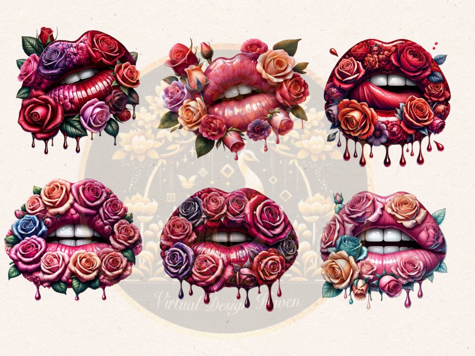 Rose Lips Clipart Bundle, Vibrant Floral Lips, Chic Kiss Lip Digital ...
