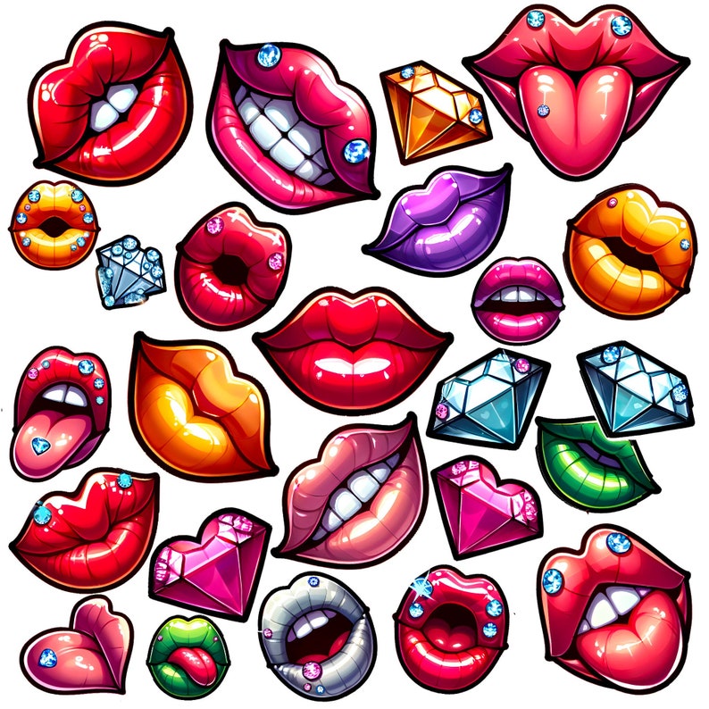 Diamond Lips Cartoon Clipart Bundle - 54 PNG Files, Glamorous Lip Art ...