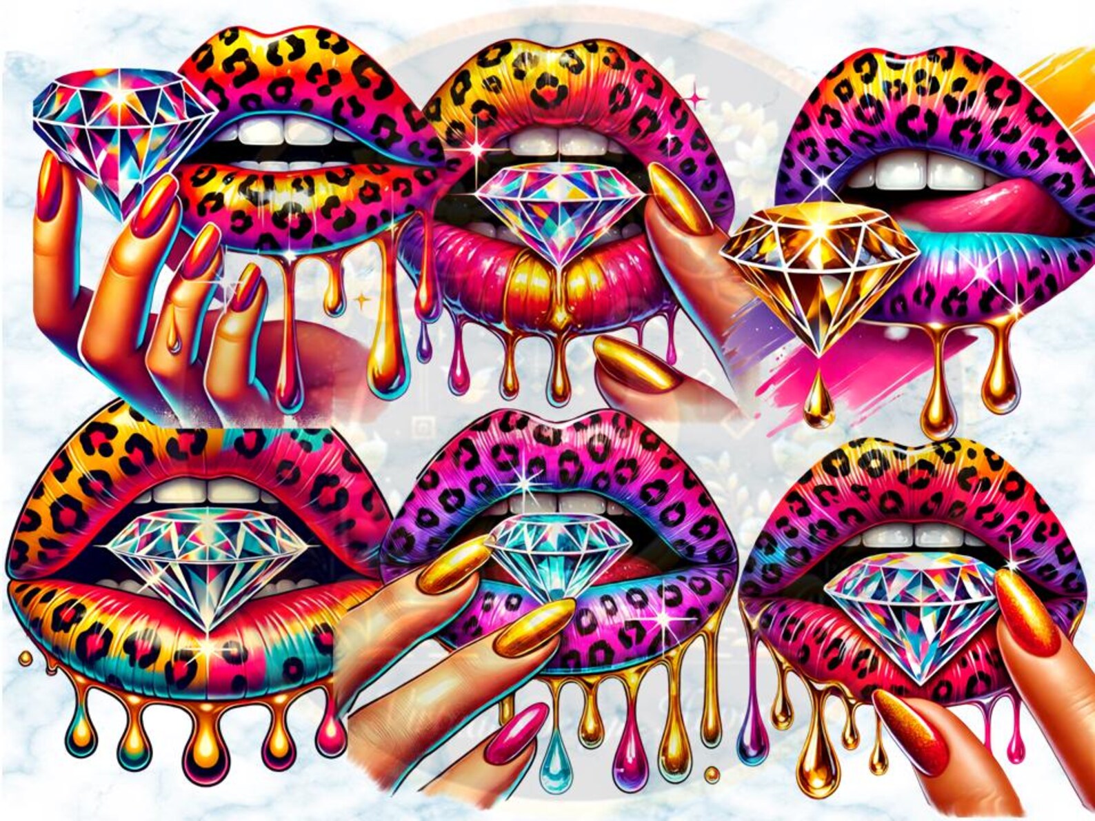 Rainbow Leopard Lips Clipart Bundle | Vibrant Watercolor Dripping Lips ...