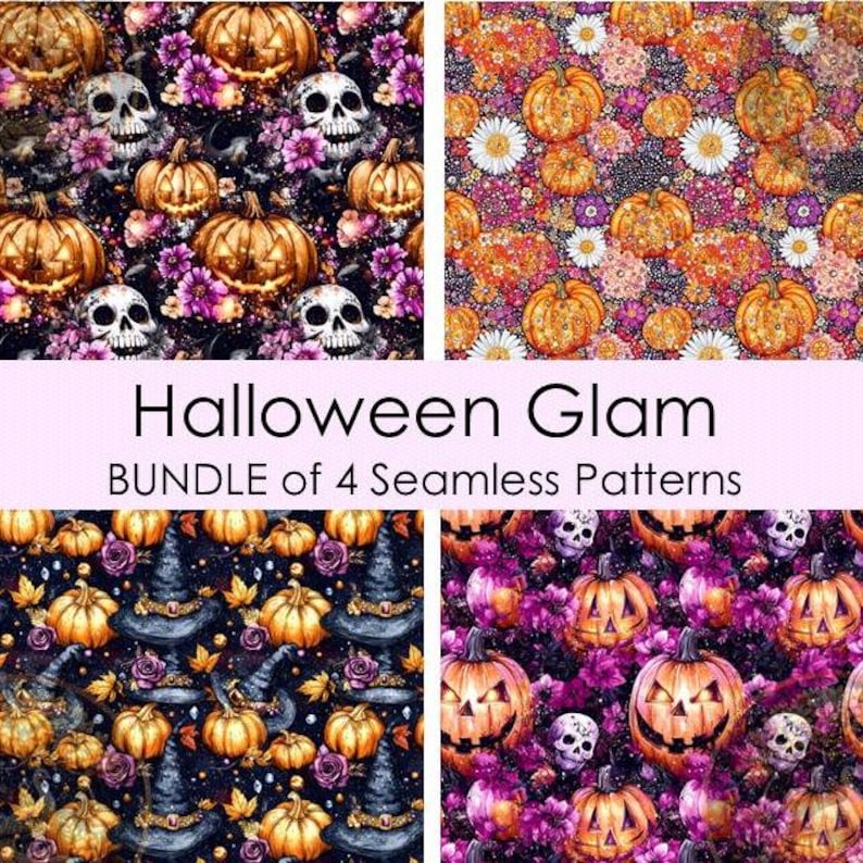 Glitter Glam Halloween Seamless Pattern Bundle: Skull, Pumpkin (digital ...
