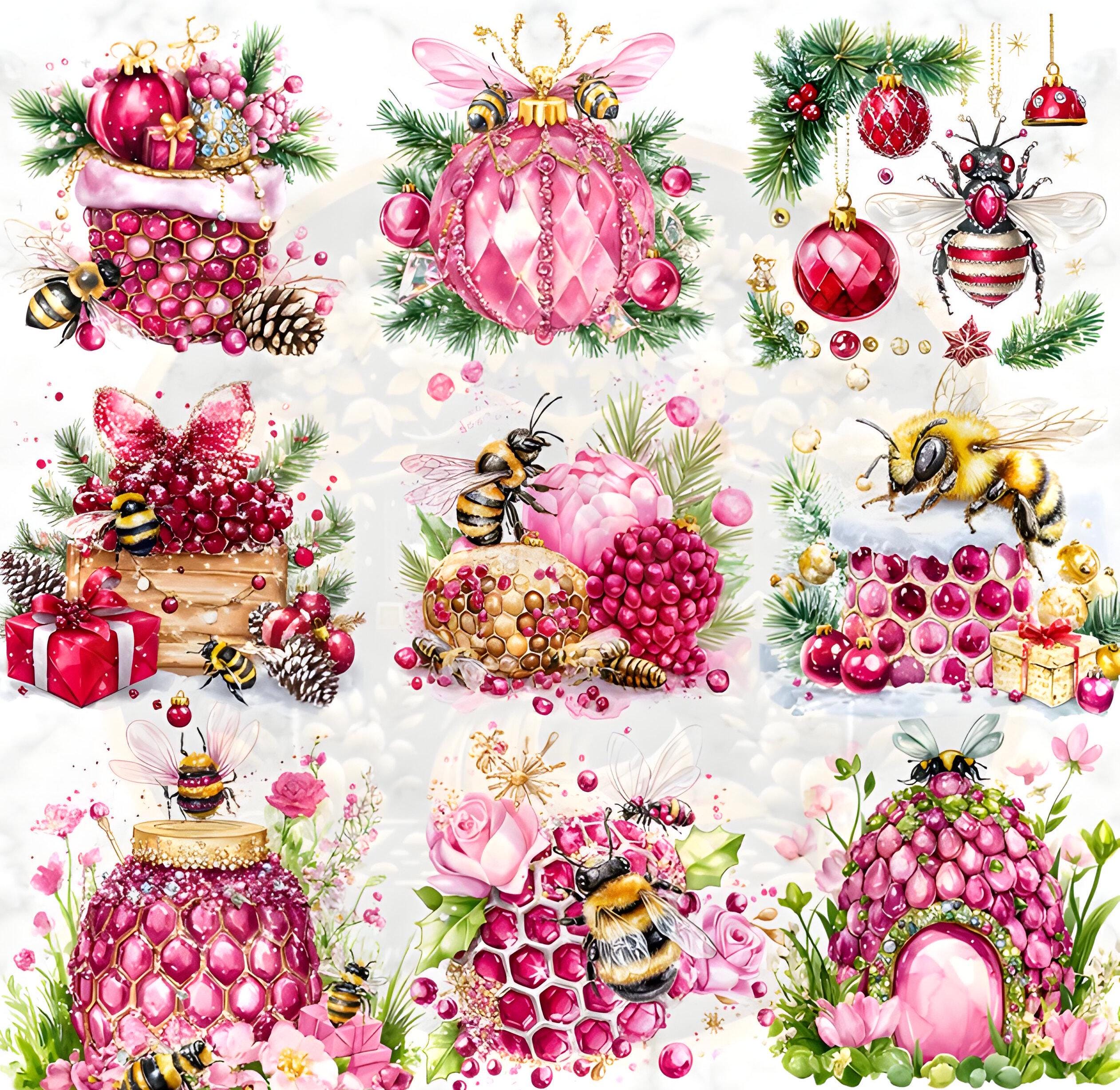 Watercolor Christmas Bee Clipart: Red & Gold Graphics (digital Design ...