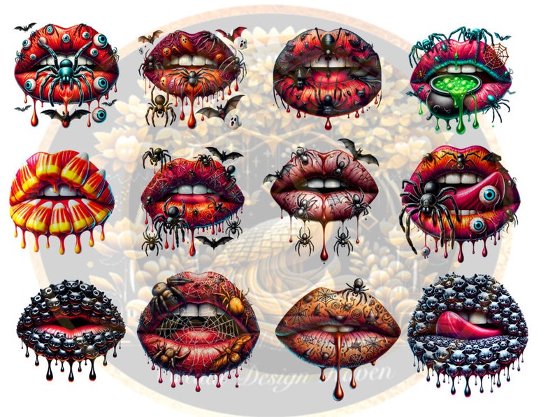 Spooky Halloween Lips Clipart: Spider, Bat, Pumpkin Designs (digital ...