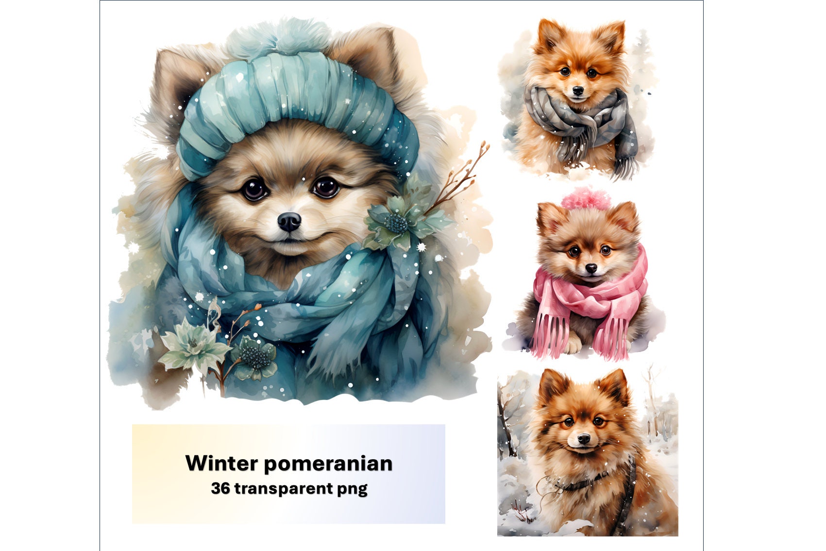 Watercolor Pomeranian Clipart, Cute Dog Illustration, Winter Puppy ...