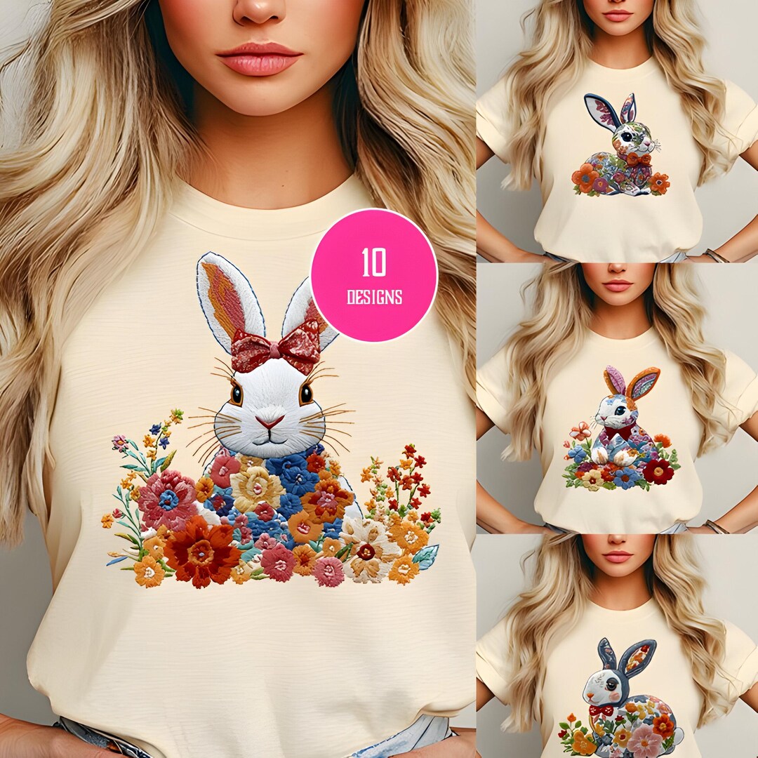 Vintage Easter Bunny PNG, Embroidery Style Clipart, Floral Bunny PNG ...