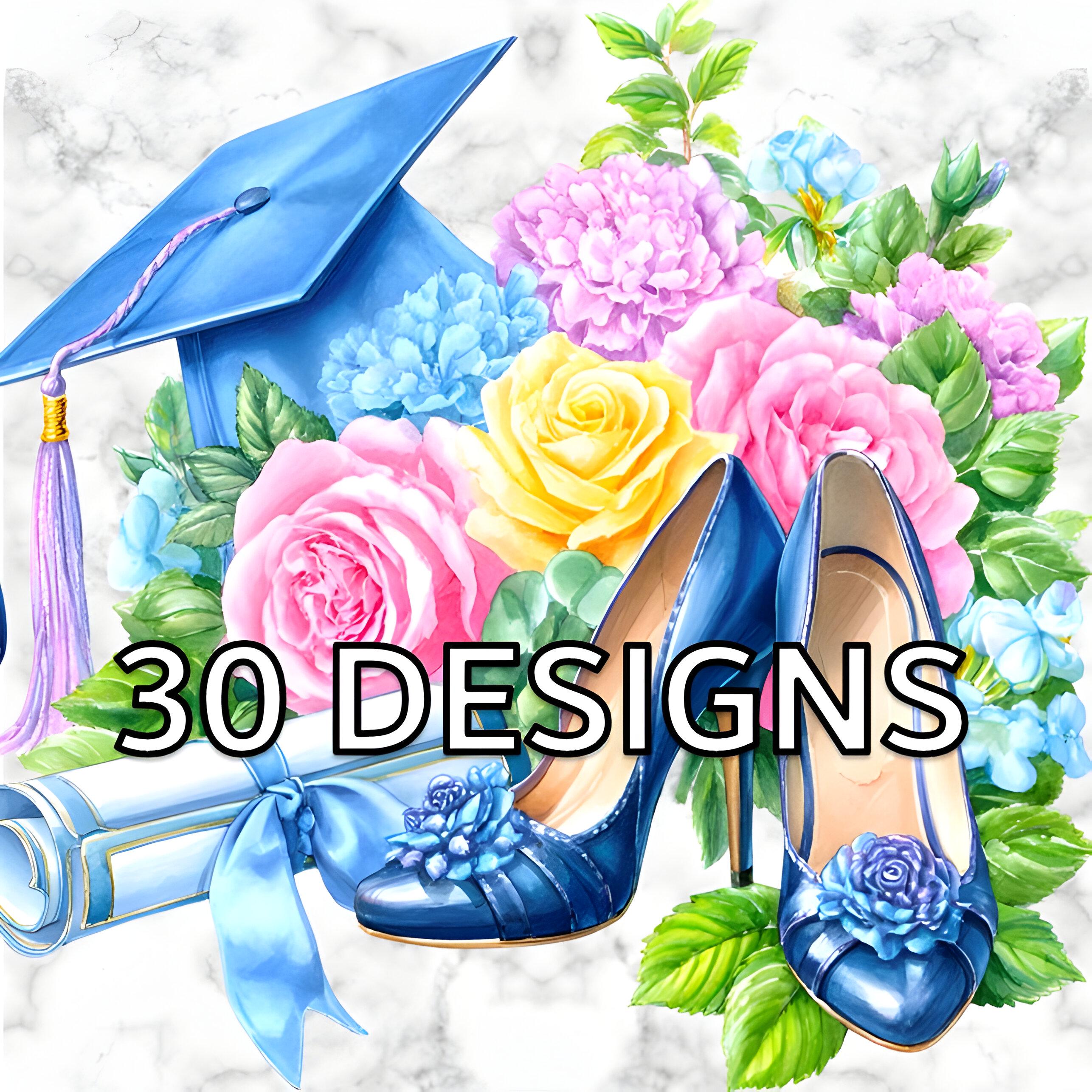 Watercolor Graduation Clipart: Blue Cap, Gown & Floral PNG (digital ...