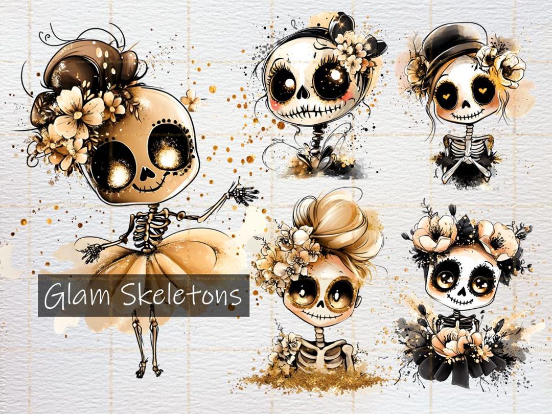 Cute Halloween Clipart Bundle, Black Glam Glitter Skeletons, Halloween ...