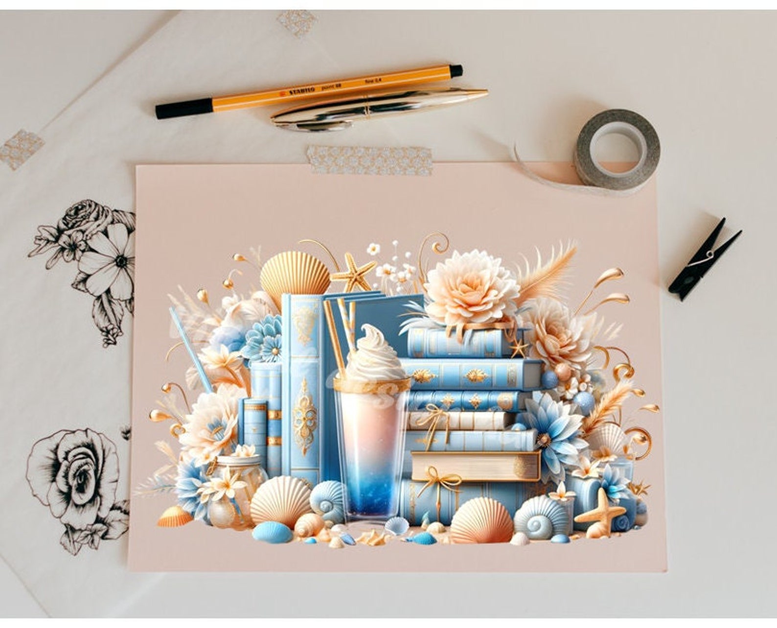 Blue Summer Glam Clipart, Pink Gold Shell Sublimation Digital Design ...