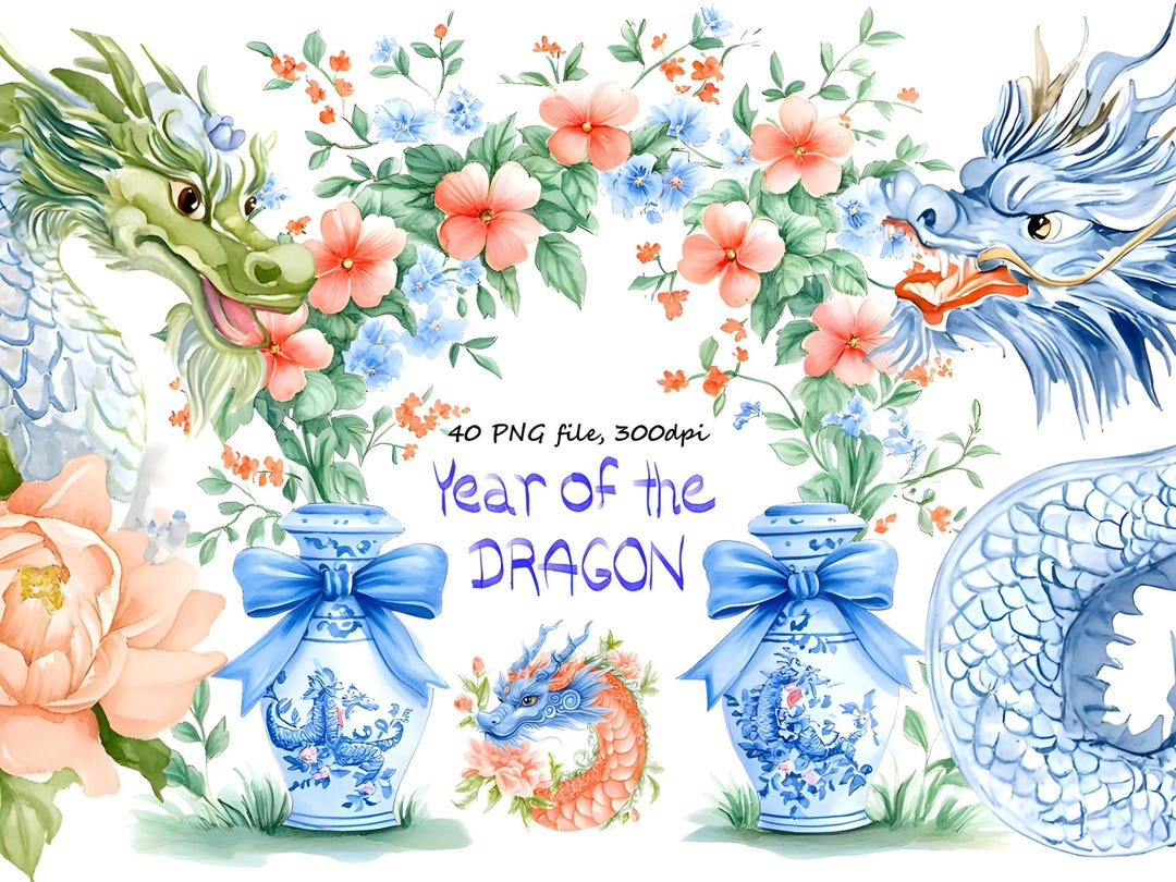 Watercolor Chinese Dragon Clipart: Lunar New Year PNG (digital Download ...