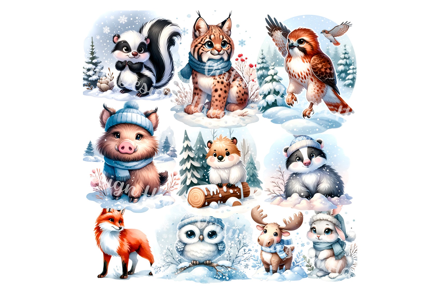 Winter Forest Animal Clipart Bundle, Snow Time Cute Animals 100 PNG ...