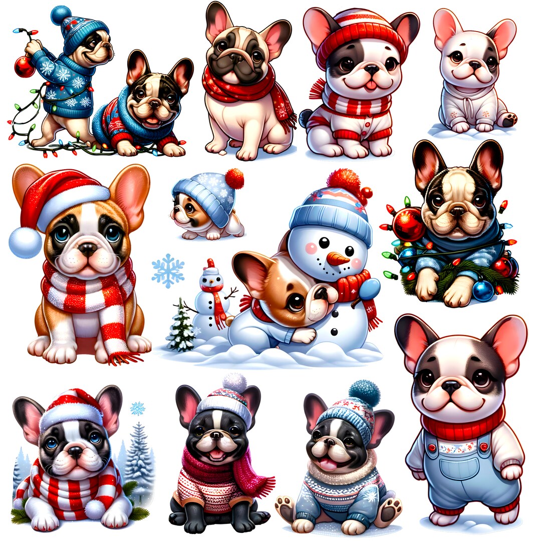 Winter French Bulldog Clipart Bundle: Christmas Puppy PNG (digital ...