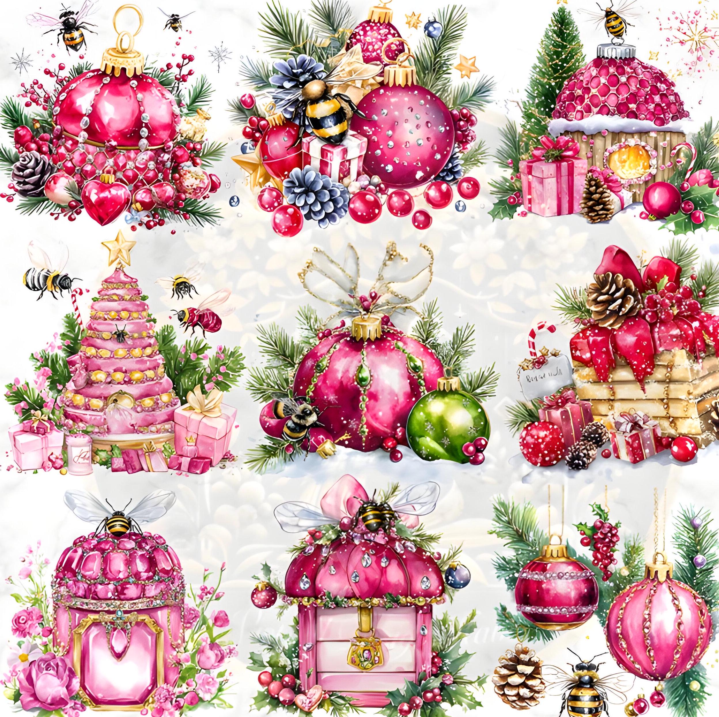 Watercolor Christmas Bee Clipart: Red & Gold Graphics (digital Design ...