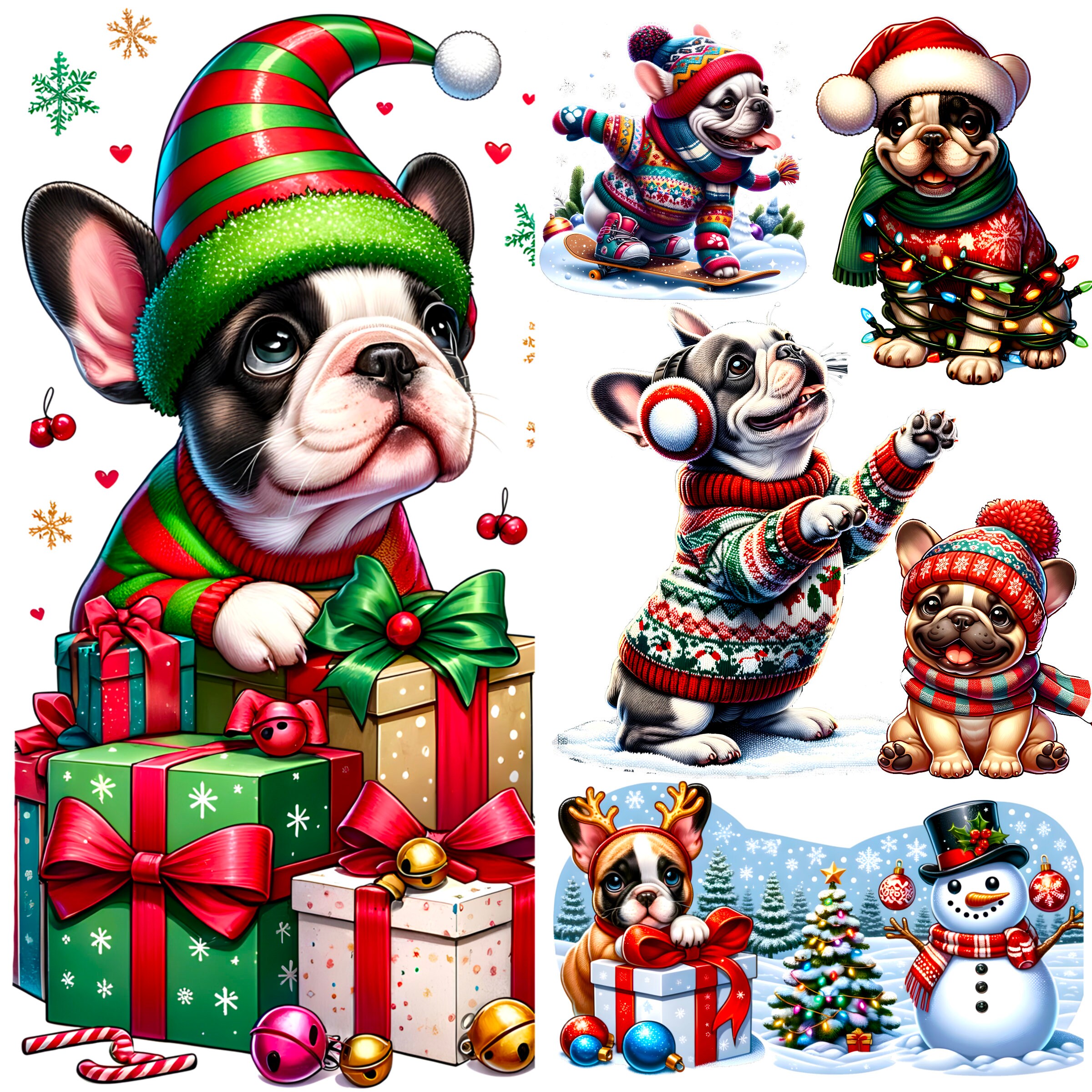 Winter French Bulldog Clipart Bundle: Christmas Puppy PNG (digital ...